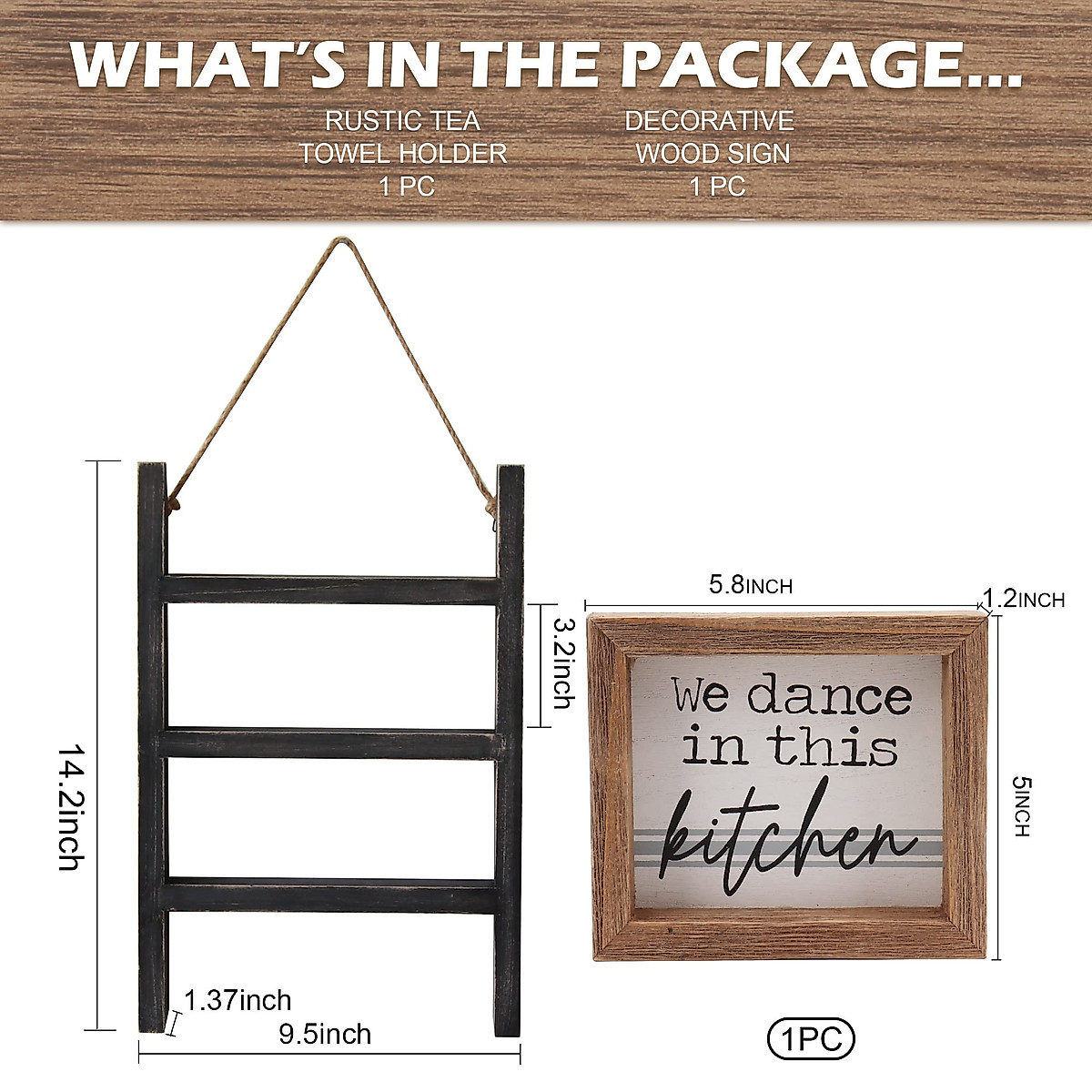 GenMous 3 Tiered Tea Towel Ladder with Cute Kitchen Sign for Farmhouse Kitchen Counter Decor, Rustic Torched Wood Hand Towel Stand, Hanging Bathroom Decorative Mini Ladder Kitchen Towel Rack Black