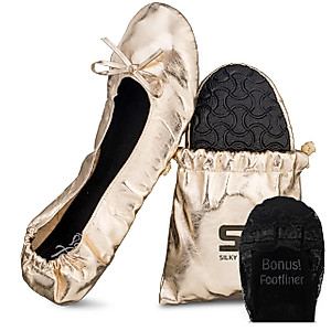 Silky Toes Women's Foldable Portable Travel Ballet Flat Roll Up Slipper Shoes with Matching Carrying Pouch (Extra Large, Gold)