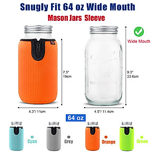 Desing Wish 64 oz Wide Mouth Mason Jar Neoprene Sleeve, 64oz Non-slip Cozy Insulated Glass Jars Protector Holder Sleeves 4.3 x 7.5 Inches - 4 Pack (Orange/Green/Cyan/Grey)