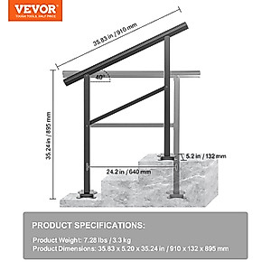 VEVOR Handrail for Outdoor Steps, 2-3 Steps Outdoor Handrail, Adjustable Aluminum Staircase Handrail, Thickened Stair Railings for Porch Railing, Deck Handrail