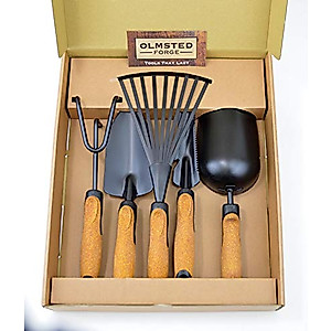 Olmsted Forge Garden Tool Set, 5 Pieces, Heavy Duty Powder Coated Steel, Cork Handle