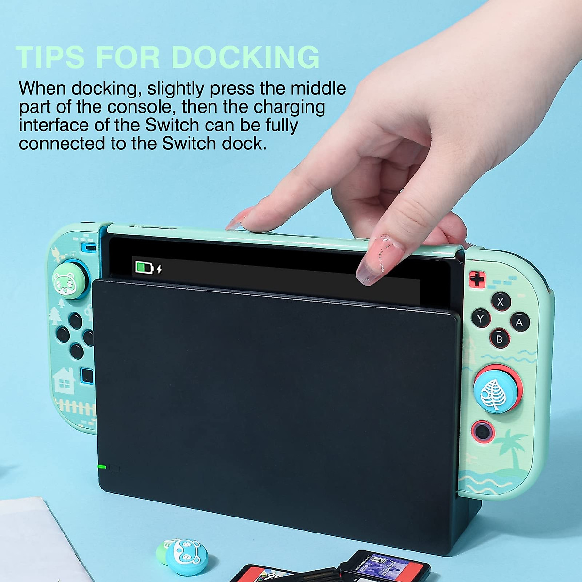 DLseego Protective Case Design for Switch Model, Newest Pattern Animal Crossing Design Cover Case with 2 Pcs Glass Screen Protectors and 4 Pcs Cute Thumb Grip Caps Green Accessories Set