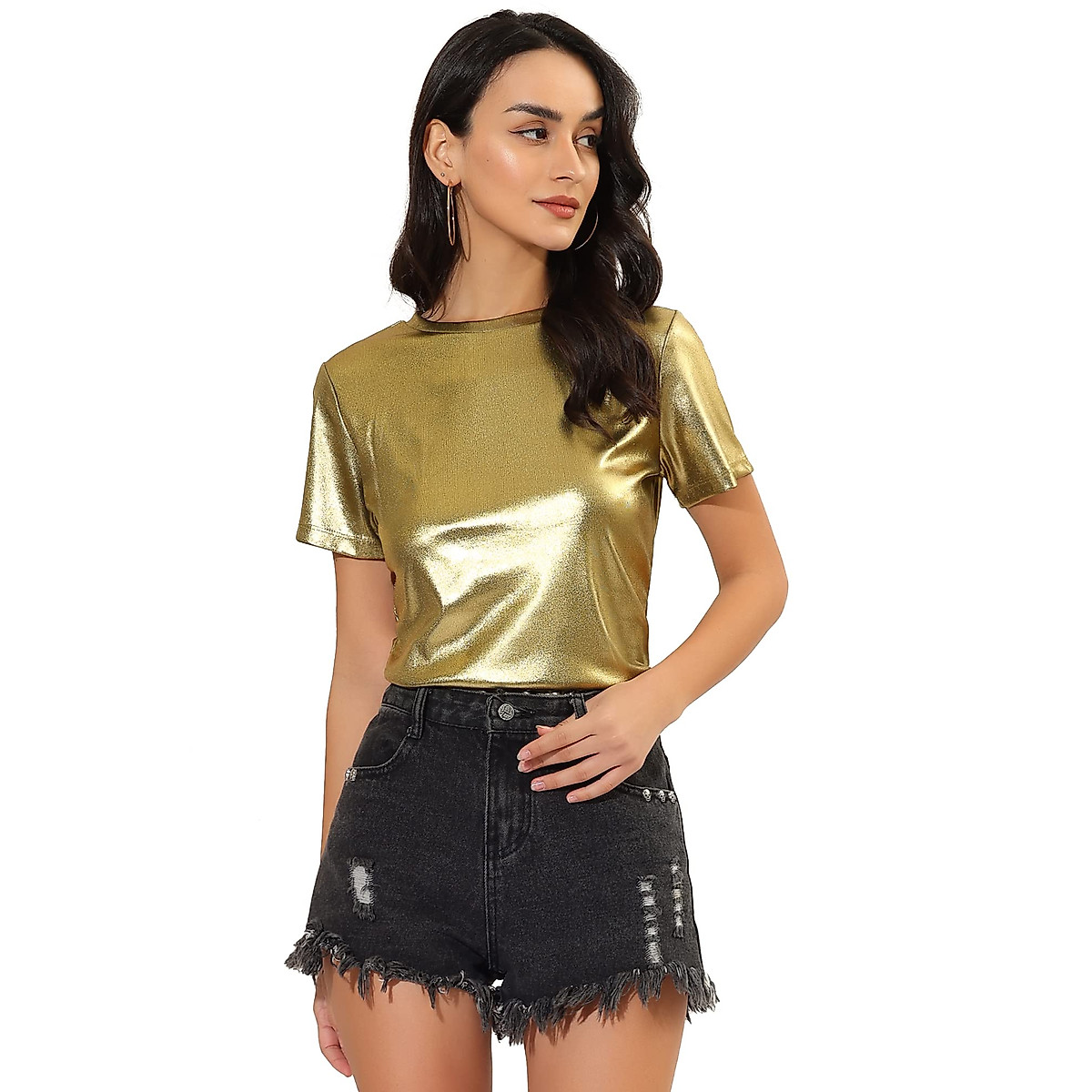 Allegra K Women's Party Metallic Textured Short Sleeve Shiny Multicolor Top Medium Gold