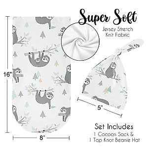 Sweet Jojo Designs Blue Jungle Sloth Baby Boy or Girl Cocoon and Beanie Hat Set Jersey Stretch Knit Sleeping Bag Infant Newborn Nursery Sleep Wrap Sack - Turquoise Grey Green Botanical Rainforest Leaf
