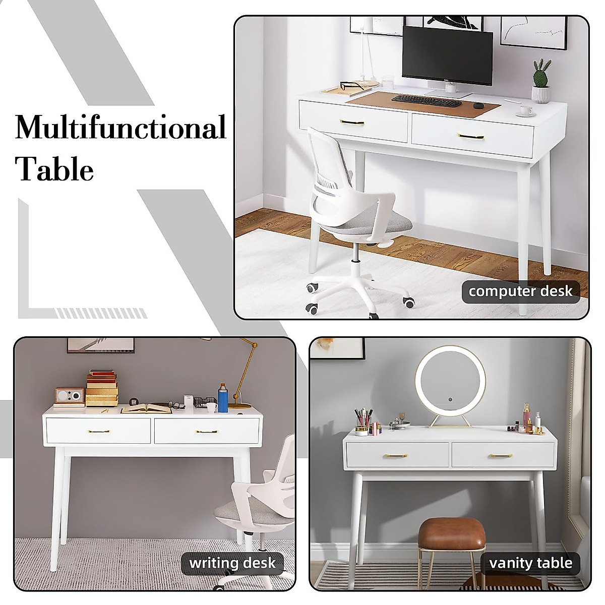Rotihom Small White Desk with 2 Drawers, Modern Writing Desk for Small Spaces, Home Office Desk for Study, Laptop Computer Desk for Work, Makeup Vanity Table for Bedroom (White)