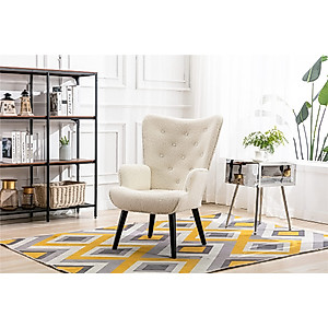Dolonm Modern Accent Chair Tufted Button Wingback Reading Chair with Arms Upholstered Tall Back Teddy Fleece Fabric Chair with Solid Wood Legs for Living Room Bedroom Waiting Room (White)
