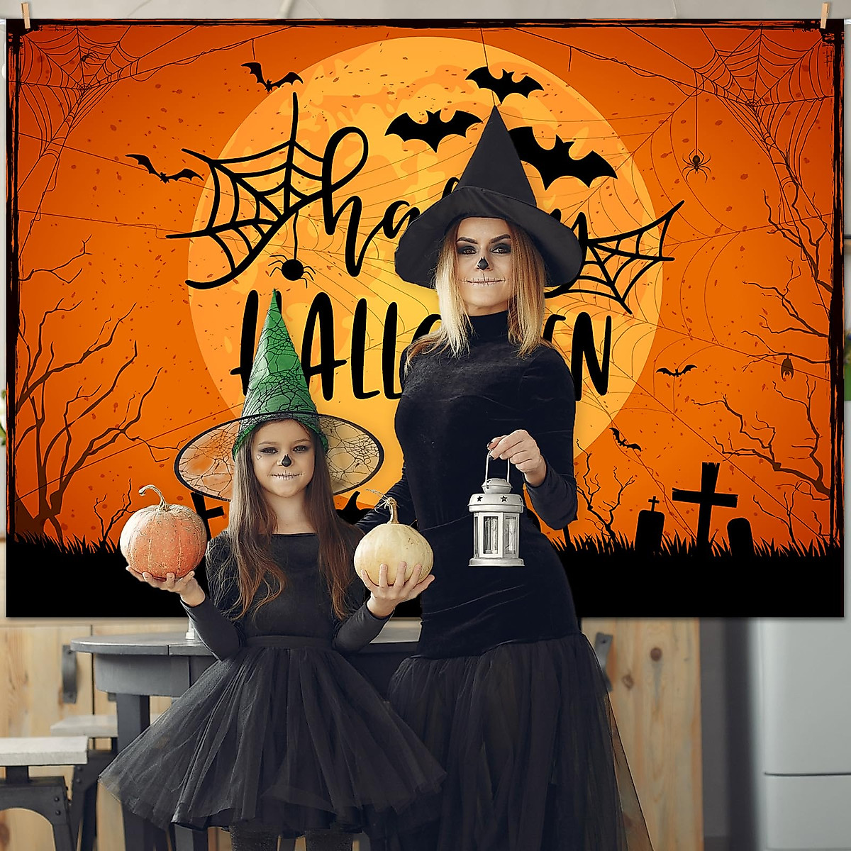 Mocsicka Happy Halloween Backdrop Orange Night Moon Graveyard Background Spooky Pumpkin Spider Web Halloween Party Cake Table Decoration Banner Photo Booth Props (7x5ft)