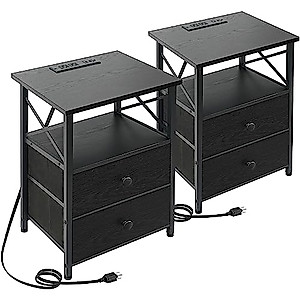 AMHANCIBLE Night Stand Set 2, Black Nightstand with Charging Station, End Tables Living Room with USB Ports and Outlets, Bed Side Tables Bedroom with Drawers HET05XBK