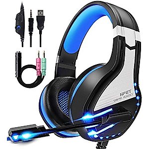NPET HS10 Stereo Gaming Headset for PS4 PC Xbox One PS5 Controller, Noise Cancelling Over Ear Headphones with Mic,LED Light, Bass Surround, Soft Memory Earmuffs for Laptop Mac Nintendo NES Games