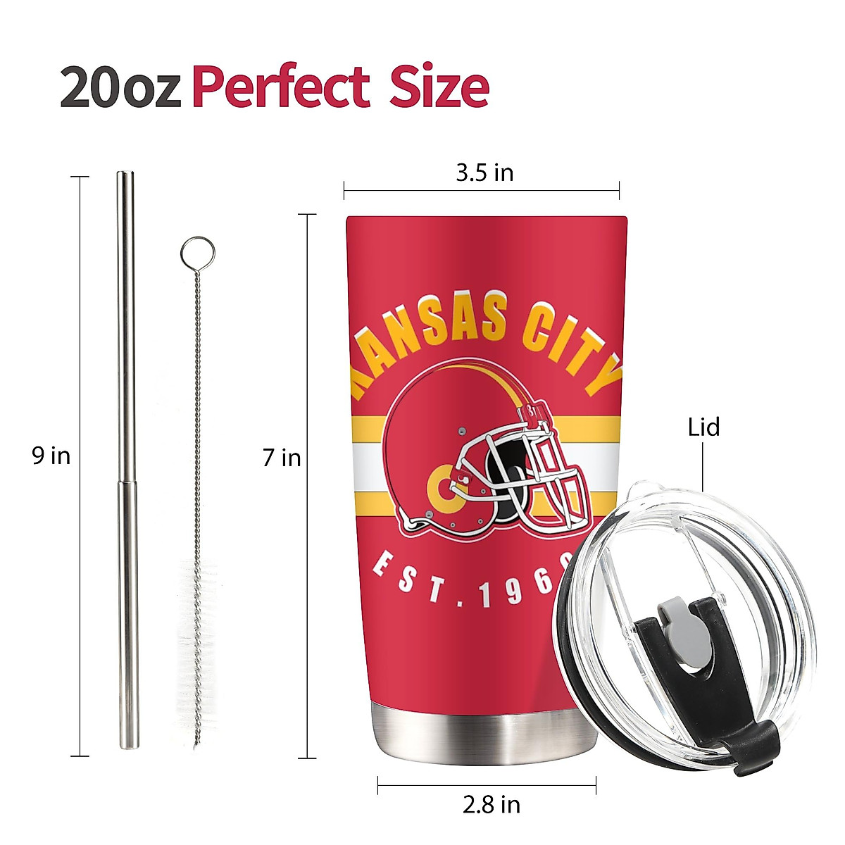 Custom Kansas City Tumbler 20oz Stainless Steel with Lid & Straw Personalized Football Fans Gifts for Women Men Coffee Travel Mug Cup Add Name Number