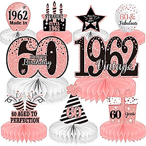 9PCS Rose Gold 60th Birthday decorations 60th birthday Centerpieces for Tables Decorations Vintage 1962 Honeycomb Table Topper Back in 1962 60th Birthday Decorations for Woman 60 Years Birthday Party
