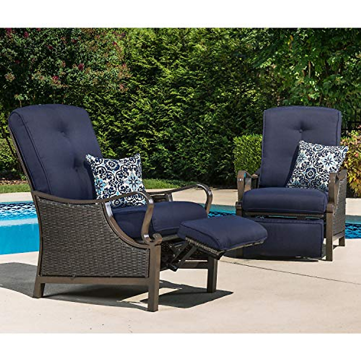 Hanover Ventura Modern Outdoor Wicker Reclining Lounge Chair with Thick Foam Weather-Resistant Navy Blue Cushions and Rust-Resistant Steel Frames, Luxury Furniture for Patio and Backyard