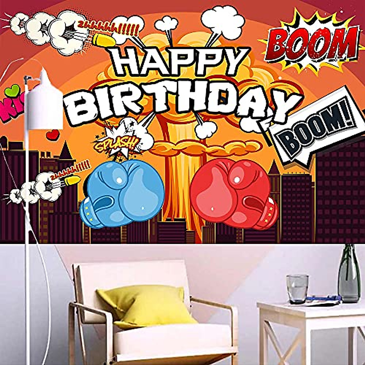 EMTOBT Happy Birthday Backdrop Superhero City Boom Background Red and Blue Boxing for Boy Gift Childen Happy Birthday Party Decorating 7x5FT Banner Photo Booth Props Room Decor Supplies BJWHEM562