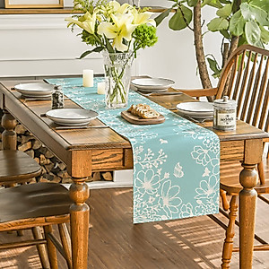 Artoid Mode Blue Bloom Flowers Butterfly Spring Table Runner, Seasonal Holiday Kitchen Dining Table Decoration for Home Party Indoor 13x48 Inch