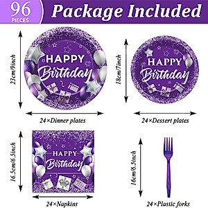 96 Pcs Purple Birthday Party Supplies Paper Plates Napkins Purple Silver Happy Birthday Tableware Set Dinner Dessert Table Decorations Favors for Women Girls Serves 24