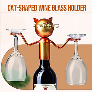 Drincarier Cat Decor Wine Bottle & Glass Holders Tabletop Wine Racks Shelf Metal Wine Bottle Holder Hold 1 Wine Bottle and 2 Glasses (Cat Wine Glass Holder)………
