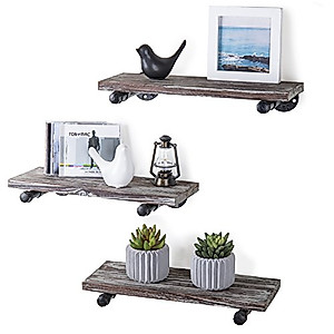 MyGift Wood Floating Shelves, Torched Wood Wall Shelf for Bedroom with Industrial Metal Pipe Brackets, Set of 3
