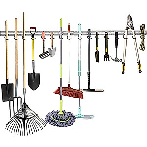 WALMANN All Metal 64 Inch Wall Mount Garden Tool Organizer for Garage, Mop and Broom Holder, Yard Tool Storage Rack for Rake, Shovel, Spade, Mop, Broom, Wall Mount Storage Organizer(4 Rails, 16 Hooks)