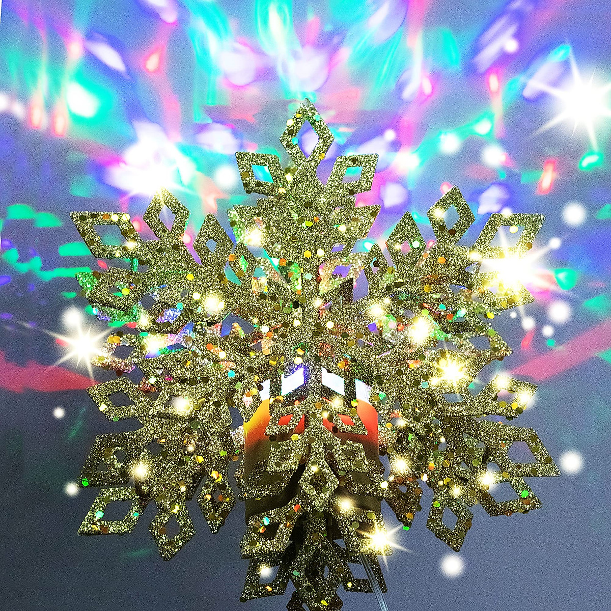 Christmas Tree Topper,Lighted Glitter Snowflake Tree Topper with Neon Lights for Christmas Tree and Holiday Seasonal Decoration(Gold)