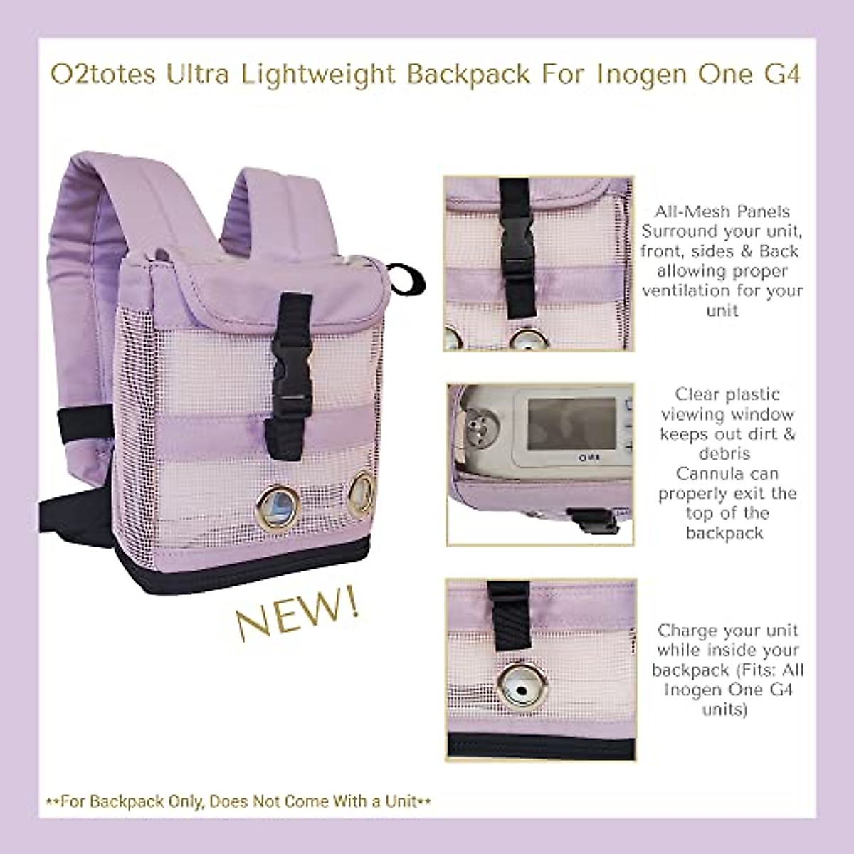 O2totes Ultra LightWeight Backpack Fits The Inogen One G4/OxyGo Fit/Lightest Backpack for The Inogen One G4, under 10 ounces WILL ONLY FIT THE INOGEN ONE G4: IO-400