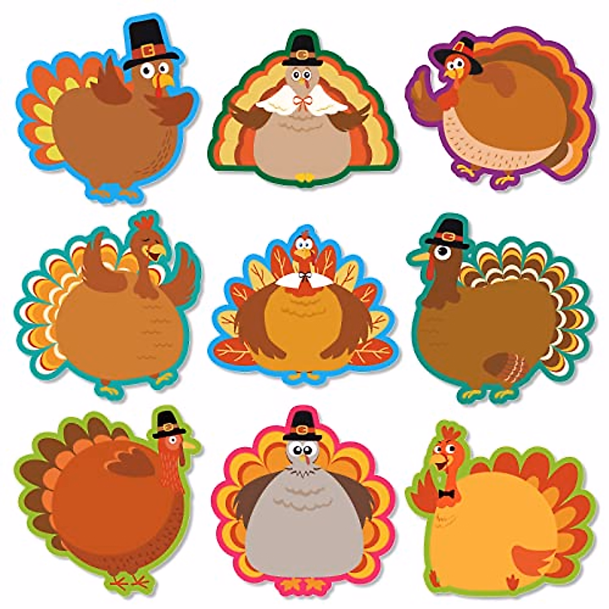 Whaline 45Pcs Thanksgiving Turkey Cutouts with 100Pcs Glue Points 9 Style Cartoon Turkey Pattern Paper Cut-Outs Bulletin Board Paper Cutting Decor for School Classroom Thanksgiving Party Supplies
