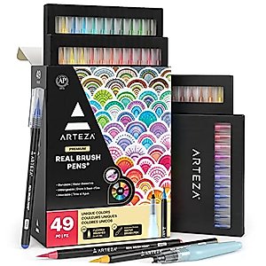 ARTEZA Real Brush Pens, 48 Colors, Watercolor Markers with Flexible Nylon Brush Tips, 0.5-mm Line Size, Art Supplies for Creating Illustrations, Calligraphy, and Watercolor Effects