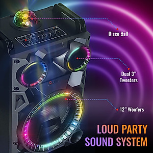 Portable Bluetooth Party Speaker and Karaoke Machine with 2 Wireless Mics, Disco Ball, LED Lights, Handle and Wheels, FM Radio. Loud Party Sound System, Rechargeable Tailgate PA Speaker