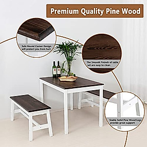 Alohappy Dining Table Set with 2 Benches, Rectangular Kitchen Table Set for 4-6 Person, Small Room Pine Wood Table for Kitchen, Dining Room, Easy Assembly (Dark Brown)