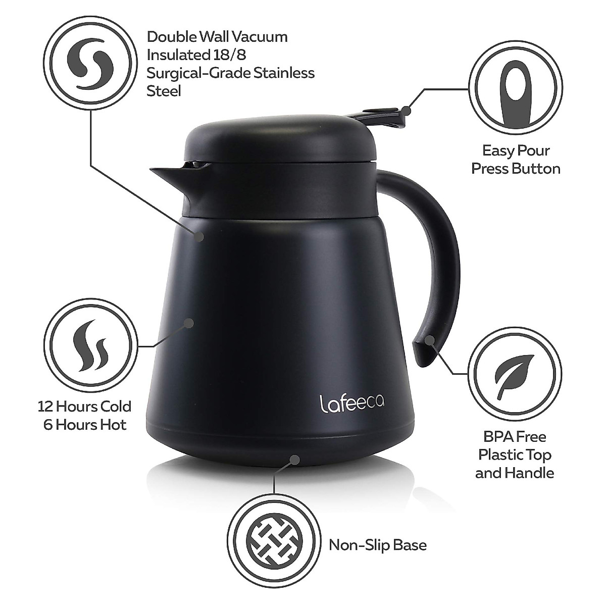 Lafeeca Thermal Coffee Carafe Tea Pot Stainless Steel, Double Wall Vacuum Insulated | Cool Touch Handle | Hot & Cold Retention | Non-Slip Silicone Base | BPA Free Black