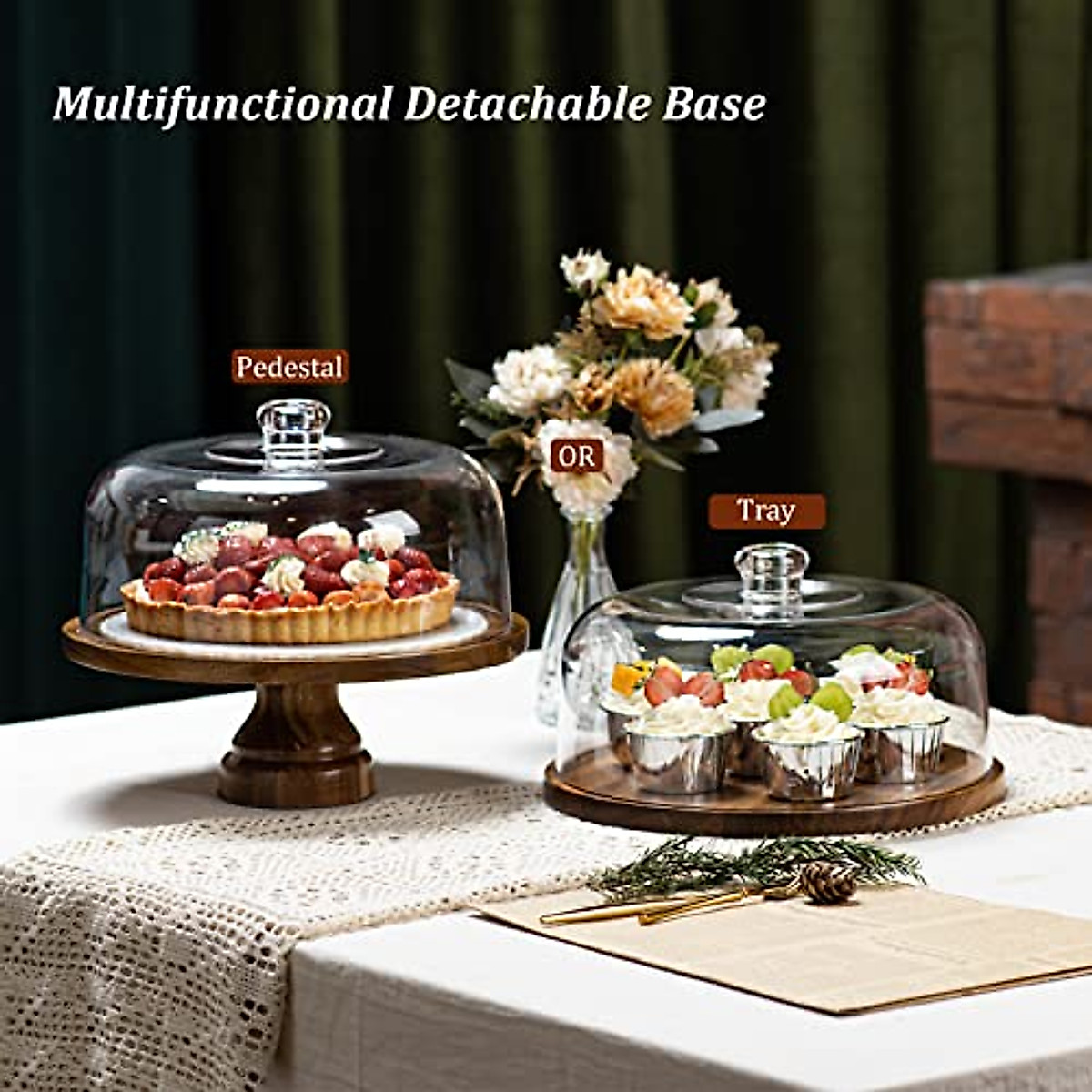 ANBOXIT Cake Stand with Dome Lid, Acacia Wood Cake Plate with Cover, Wooden Cake Display Stand with Acrylic Dome - Footed