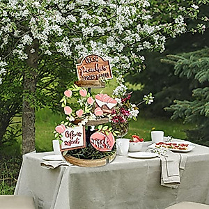 5 Pieces Summer Peaches Tiered Tray Decorations Wooden Rustic Farmhouse Tiered Tray Decor Set, Summer Fresh Pink Peaches Fruit Market Signs Independence Day Kitchen Home Table Shelf Holiday Decor