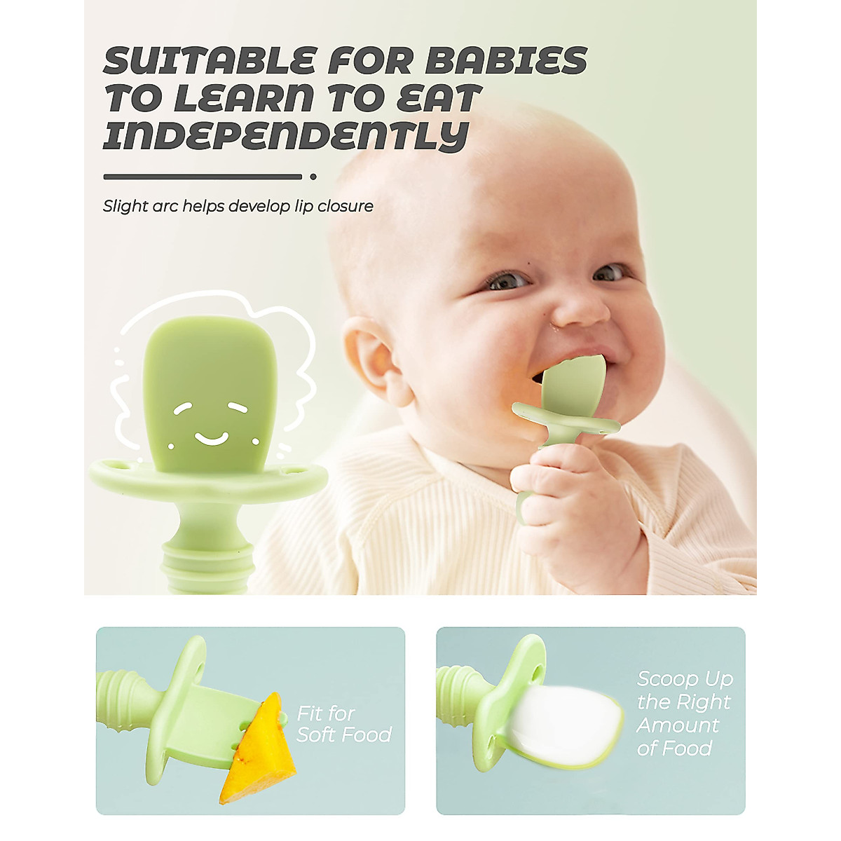 4 Pcs Baby Spoons Self Feeding 6 Months, Silicone Baby Spoons First Stage and Baby Fork, Toddler Utensils for Baby Led Weaning with 2 Cases (Green, Grey)