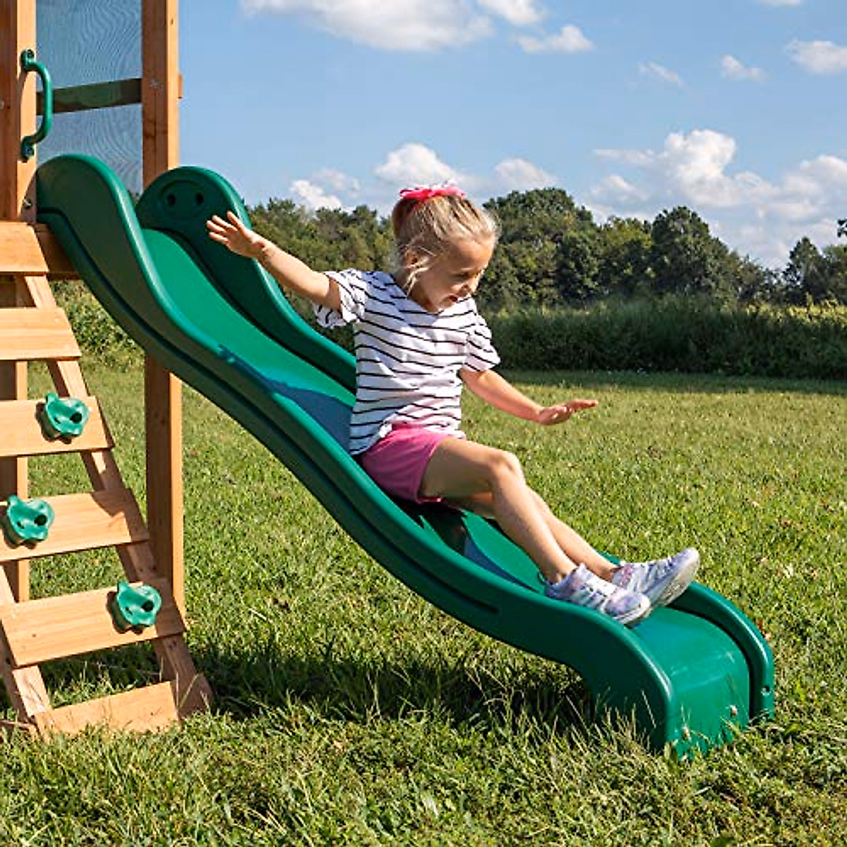 Backyard Discovery Buckley Hill Wooden Swing Set, Made for Small Yards and Younger Children, Two Belt Swings, Covered Mesh Fort with Canopy, Rock Climber Wall, 6 ft Slide Green