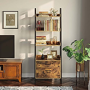 Rolanstar Bookshelf with Drawers, 4 Tier Ladder Bookshelf, Industrial Bookcases, Freestanding Display Plant Shelves with Metal Frame for Living Room, Small Space, Rustic Brown