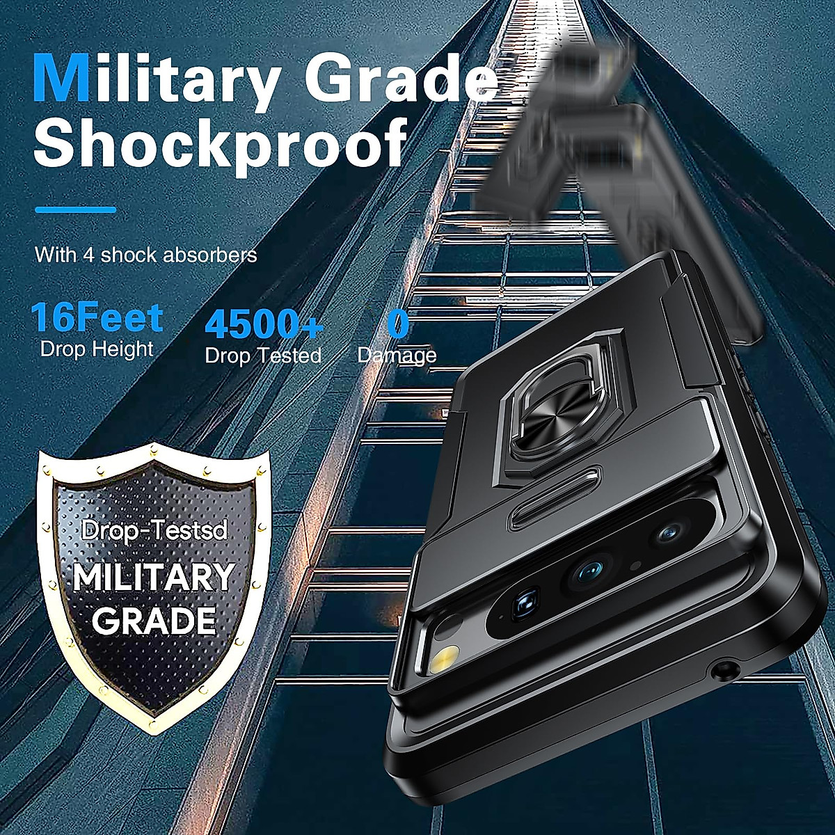 Bestcellcase for Google Pixel 8 Pro Case, [Built-in Rotatable Kickstand Ring & Slide Camera Protector] Heavy Duty Protection Shockproof Dual Layer Phone Case for Pixel 8 Pro 2023 - Black