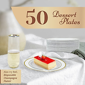 Reli. 50 Pcs Plastic Dessert Plates, Disposable (7.5 inch, White w/Gold Rim) | Small Plates for Party, Heavy Duty | Hard Plastic, for Dessert, Wedding, Birthday, Salad/Appetizer (7.5")
