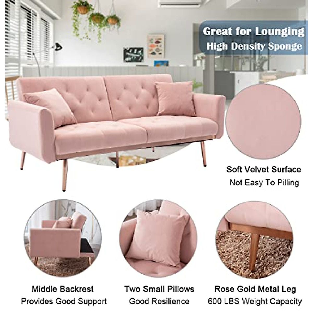 SLEERWAY Velvet Futon Sofa Bed with 5 Golden Metal Legs, Sleeper Sofa Couch with Two Pillows, Convertible Loveseat for Living Room and Bedroom, Pink