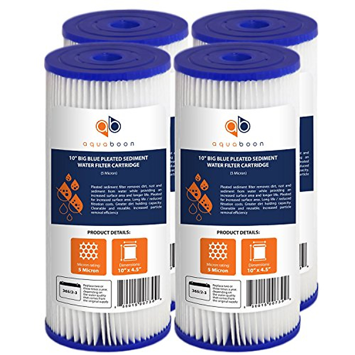 Aquaboon 5 Micron 10"x4.5" Pleated Sediment Water Filter Replacement Cartridge | Whole House Sediment Filtration | Compatible with FXHSC, ECP5, FM-10-5, CP5S, 255490-43, HDC3001, 4-Pack