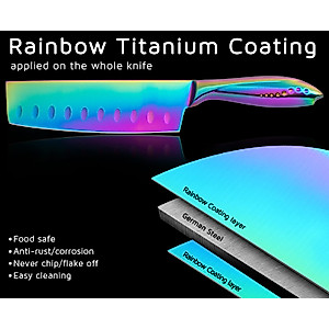 WELLSTAR Nakiri Knife 7 Inch, Razor Sharp German Stainless Steel Meat Vegetable Cleaver, Multi-purpose Asian Kitchen Knife for Home Chef’s Cooking with Rainbow Titanium Coating, Strong Durable Handle