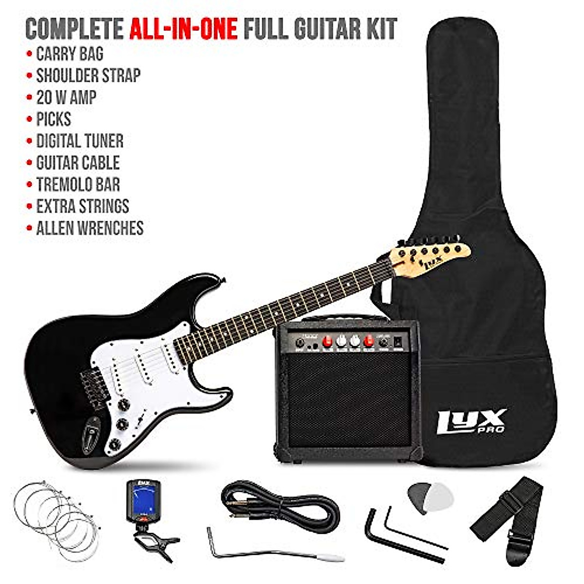 LyxPro Electric Guitar 39" inch Complete Beginner Starter kit Full Size with 20w Amp, Package Includes All Accessories, Digital Tuner, Strings, Picks, Tremolo Bar, Shoulder Strap, and Case Bag - Black