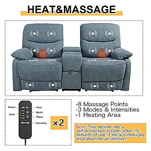 VUYUYU Reclining Sofa, Double Reclining Loveseat with Console, 2 Seater Sofa Home Theater Seating, Fabric Recliner Sofa Couches with Storage and Cup Holders (Blue)