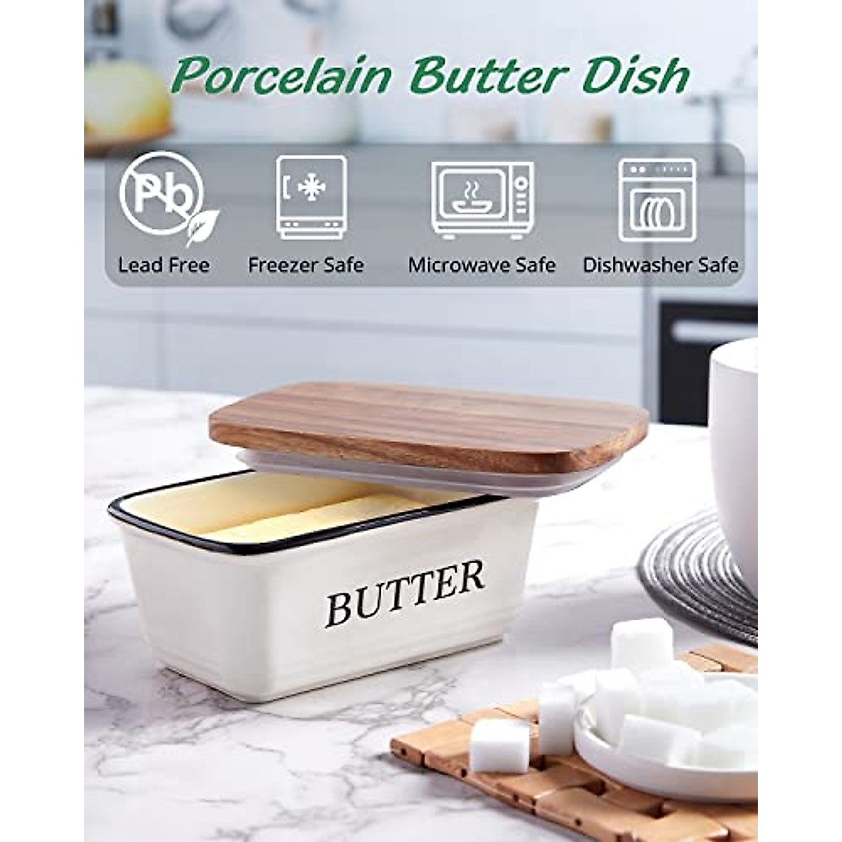 Butter Dish with Lid for Countertop - Large Ceramic Butter Container Holder with Acacia Wooden Lid for Counter - For Modern Kitchen Decor and Accessories - White