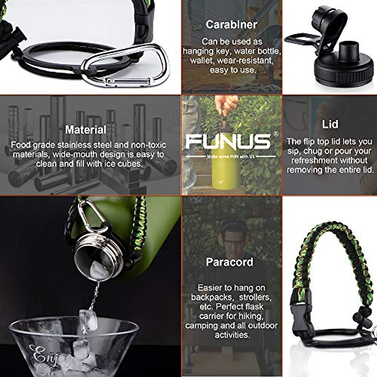 FUNUS 64oz Insulated Water Bottle (2 Lids) Vacuum Stainless Steel with Handle Flip Top Lid and Paracord BPA Free Metal Water Jug Sports Outdoor Camping