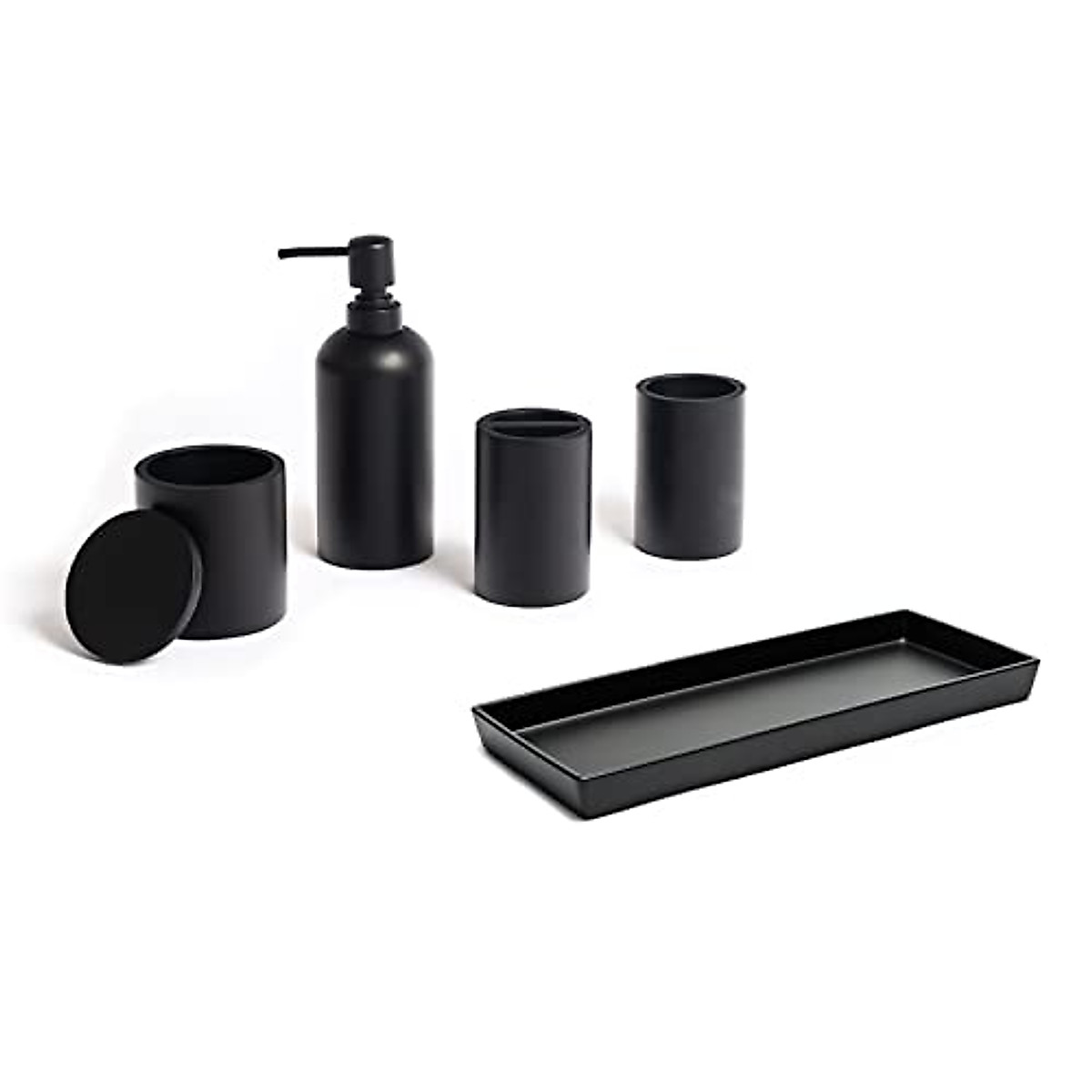 Jo Lavie Matte Black Bathroom Accessory Set 4 Pcs & Rectangle Vanity Tray, BathroomOrganizer Soap Dispenser Apothecary Jar Toothbrush Holder Toothbrush Cup Bathtub Tray Bathroom Organizer