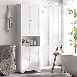 HOMCOM Tall Narrow Bathroom Storage Cabinet with Doors and Shelf Adjustability, Freestanding Bathroom Linen Cabinet with 2 Cabinets and Countertop, Bathroom Floor Cabinet, White