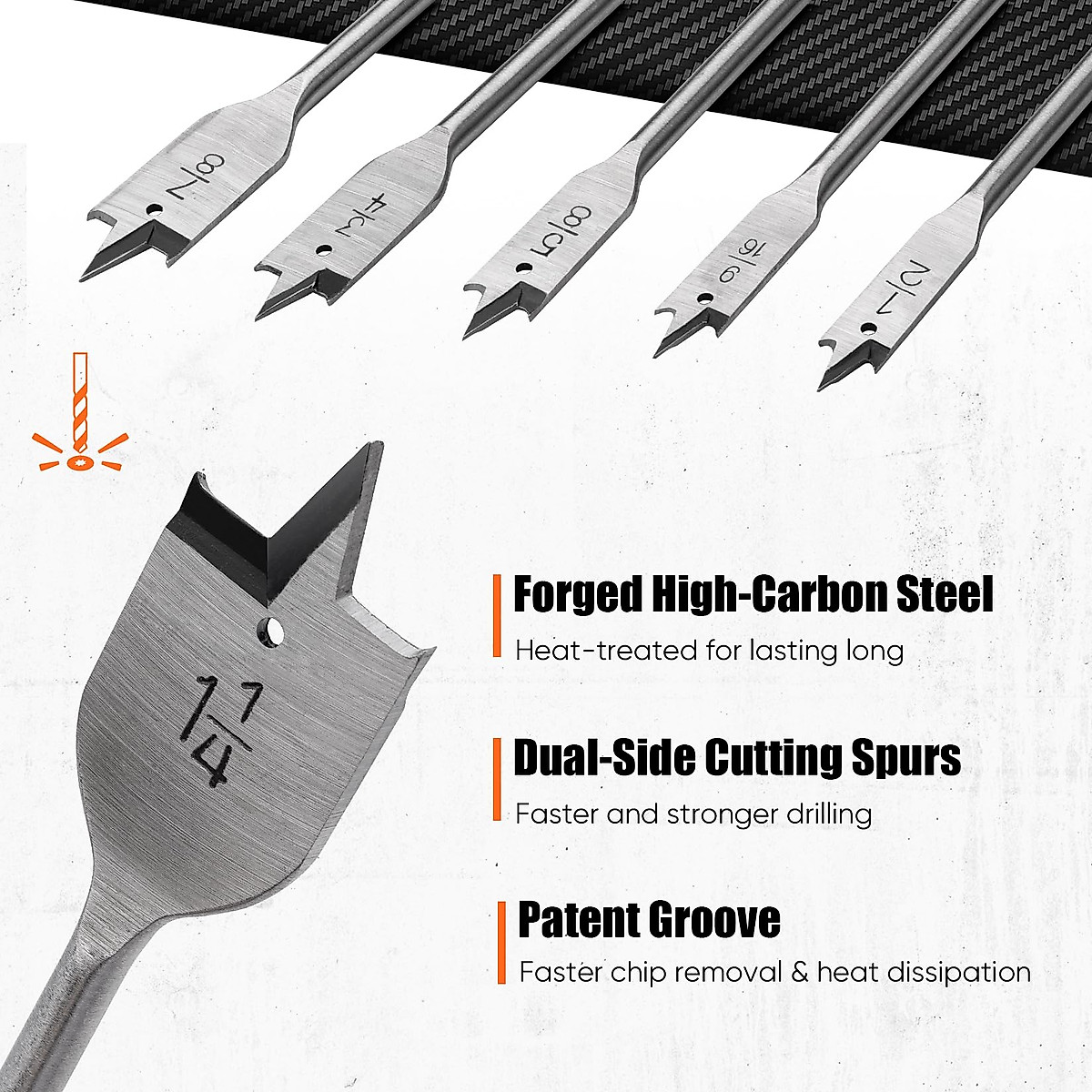 PINOZE 14-Piece Spade Drill Bit Sets with 6“ Extension, Paddle Flat Bit for Hole Cutter Woodworking, 1/4" to 1-1/2", Quick Change 1/4 inch Hex Shank, Nylon Storage Pouch Included