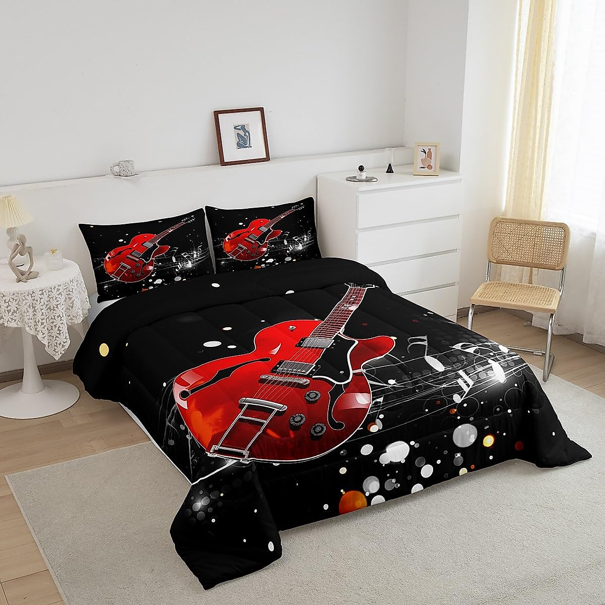 Castle Fairy Red Guitar Full Size Comforter Set Rock Music Theme Bedding Set for Kids Adults Teens Musical Instrument Comforter Luxury Music Note Quilt Set Room Decor 3Pcs