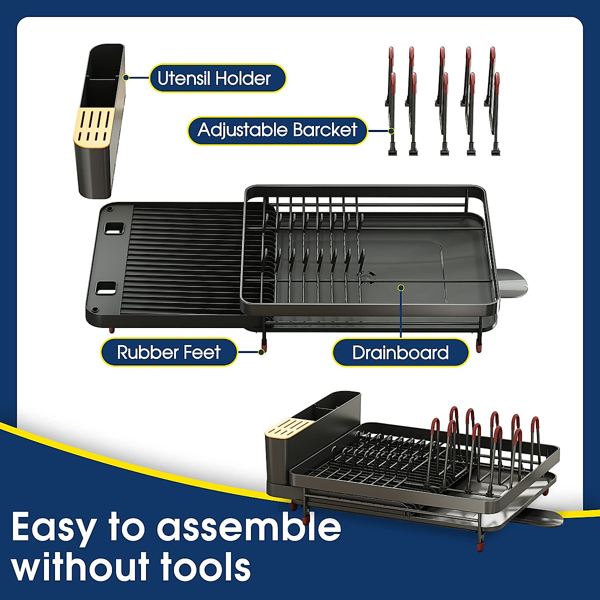 Dish Drying Rack, Expandable(19.3"-26") Dish Rack with Drainboard Set, Extra Large Rustproof Drying Rack for Kitchen Counter, Big Dish Drainers Dryer Racks for Dishes Drain with Utensil & Knife Holder