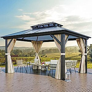 YITAHOME 10x12FT Gazebo Hard-Top Double Roof Canopy Outdoor with Netting and Shaded Curtains, Aluminum Frame Polycarbonate Hardtop Garden Tent for Patio, Backyard, Deck and Lawns, Brown