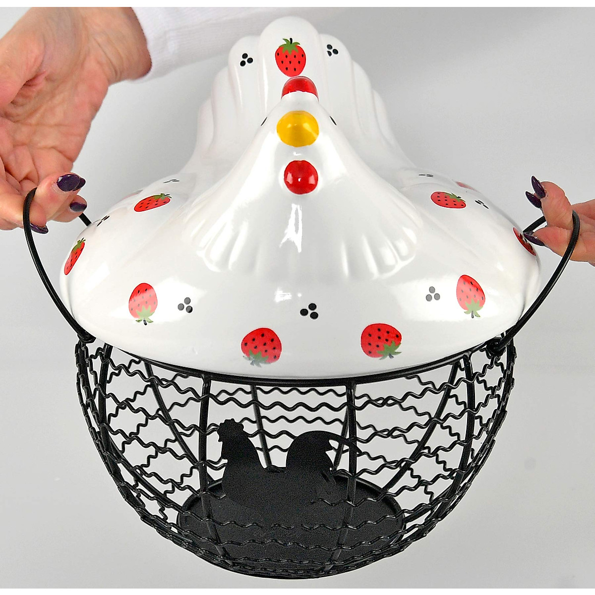 HOME-X Chicken Egg Basket for Egg Storage, Ceramic and Iron Decorative Basket with Chicken Design, Farmhouse Kitchen Decor, Holds 20–25 Eggs, Strawberry Print